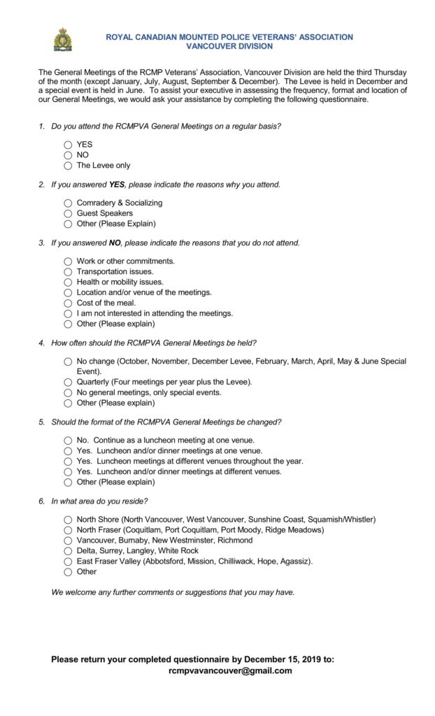 Questionnaire-Nov. 2018 | RCMP Veterans’ Association - Vancouver Division